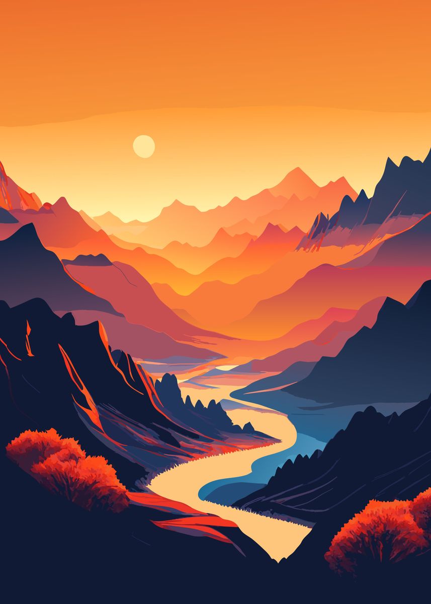 'Nature Sunset Mountains' Poster, picture, metal print, paint by crbn ...