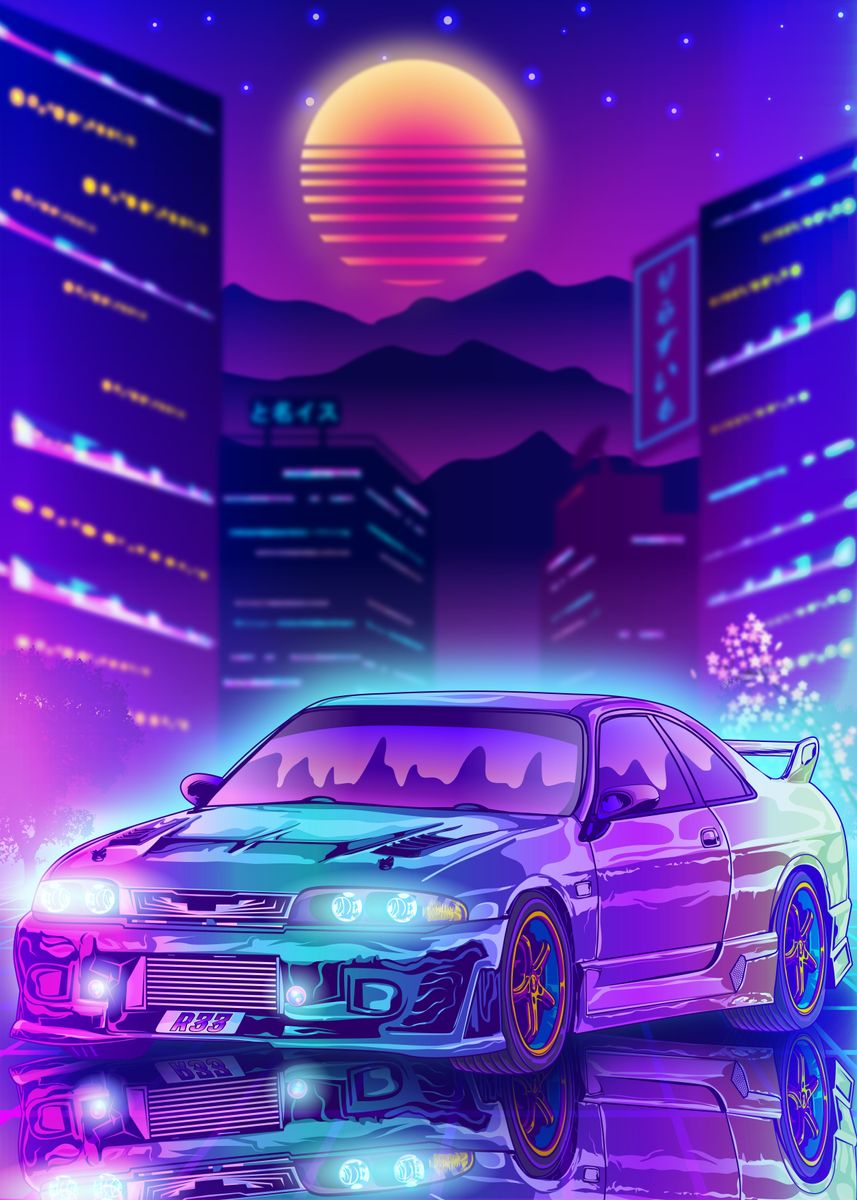 'Skyline Gtr R33 Synthwave' Poster, picture, metal print, paint by ...
