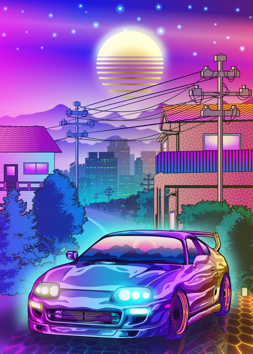 'Toyota Supra Synthwave ' Poster, picture, metal print, paint by ...
