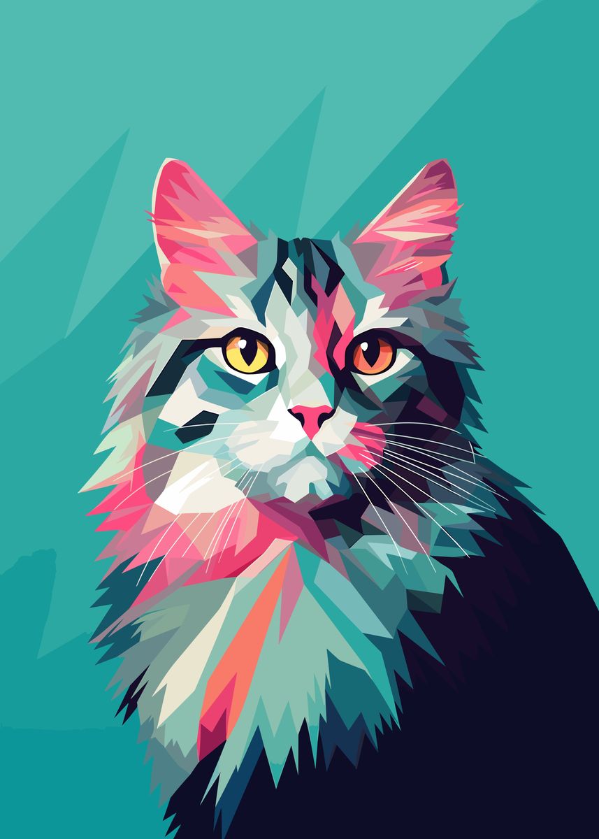 'Green and Pink Cat' Poster, picture, metal print, paint by Wall Art ...