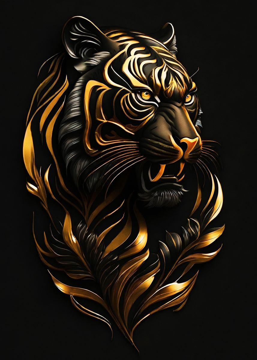 'Tiger Floral Gold Black' Poster, picture, metal print, paint by Dream ...