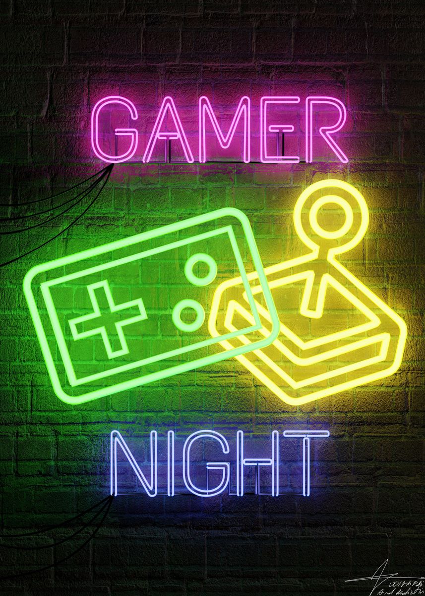 'Gamer Night Neon Sign' Poster, picture, metal print, paint by Adam ...