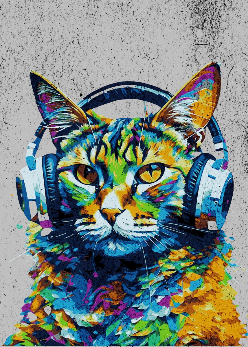 'CAT HEADPHONES' Poster, picture, metal print, paint by Atomic Chinook | Displate