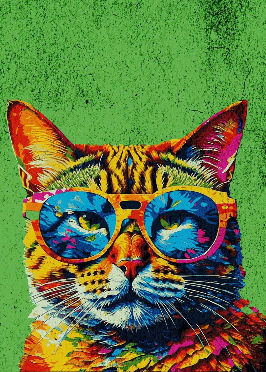 'CAT GLASSES GREEN' Poster, picture, metal print, paint by Atomic Chinook | Displate