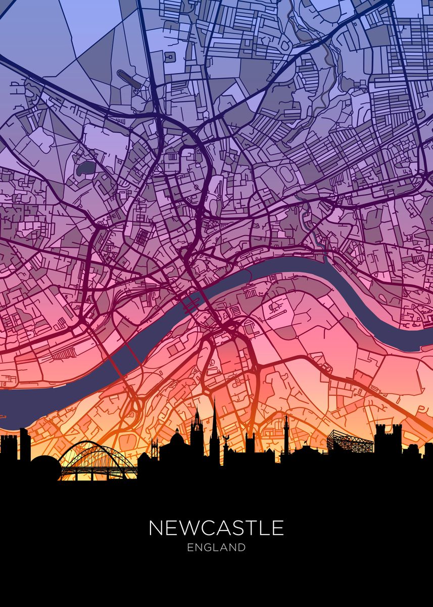 'Newcastle Skyline Map' Poster, picture, metal print, paint by Michael ...