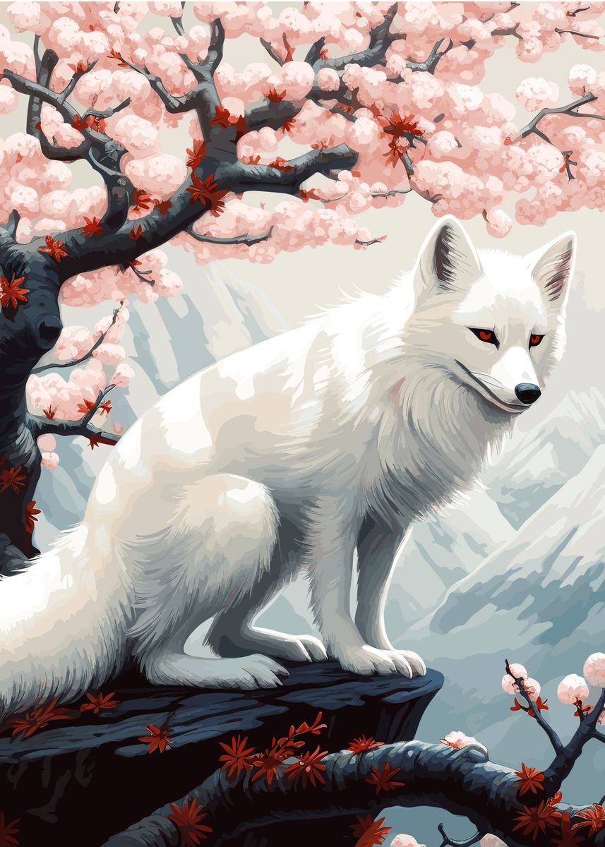 'wolf cherry blossom' Poster, picture, metal print, paint by Isla Daven ...