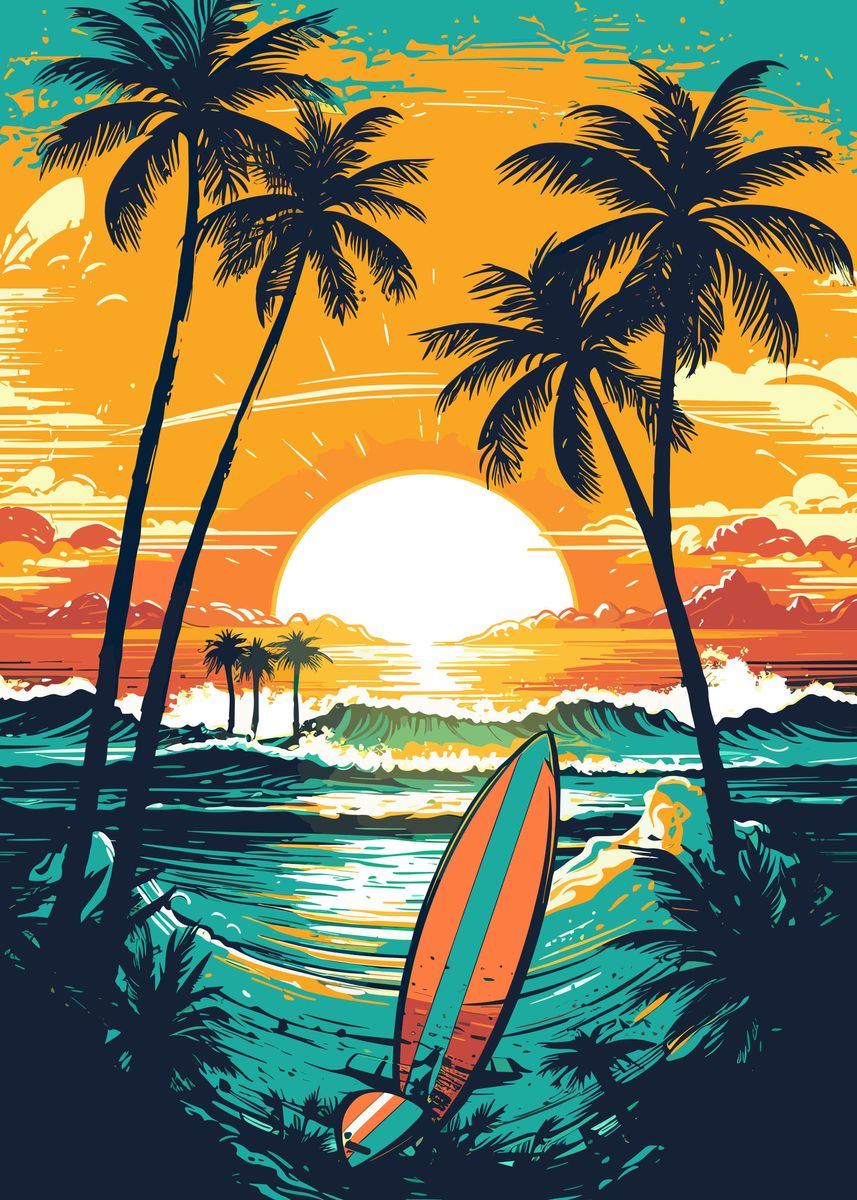 'surf board vintage retro' Poster, picture, metal print, paint by Maria ...