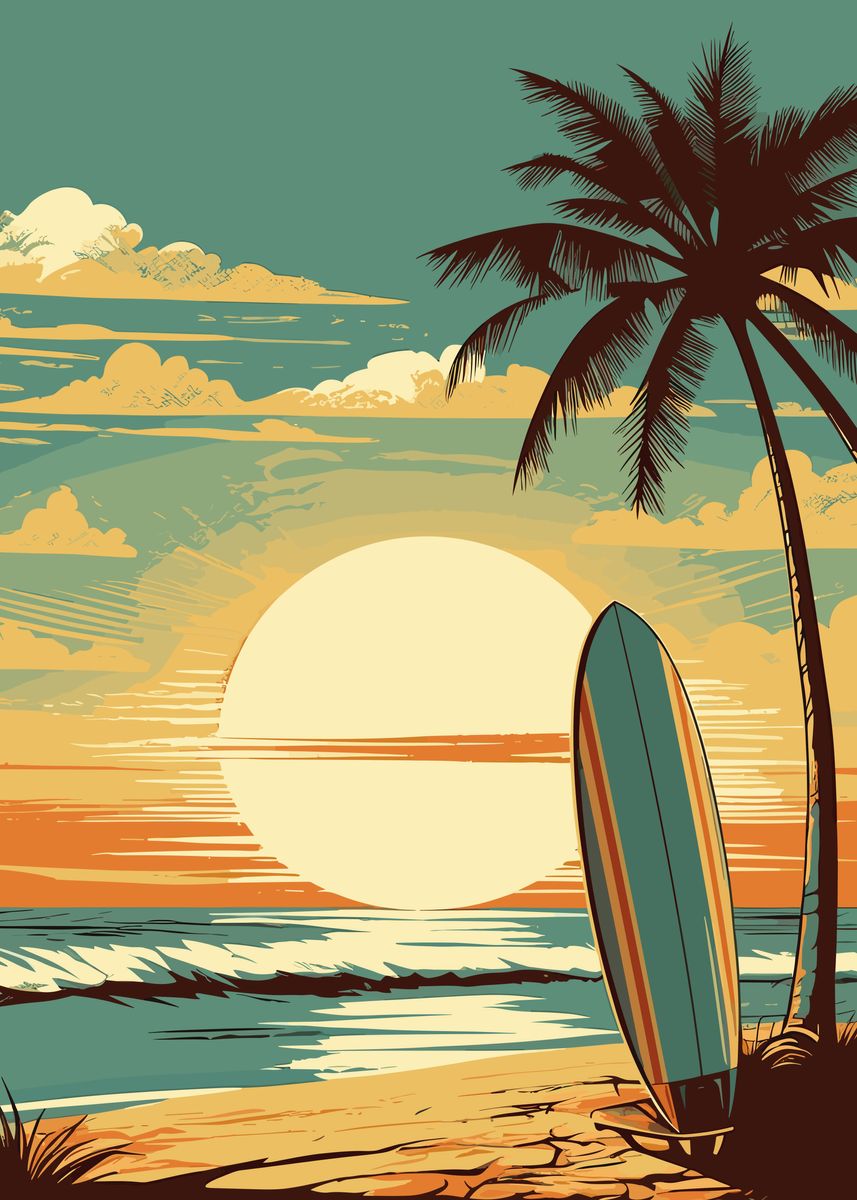 'surf board vintage retro' Poster by Maria Ford | Displate