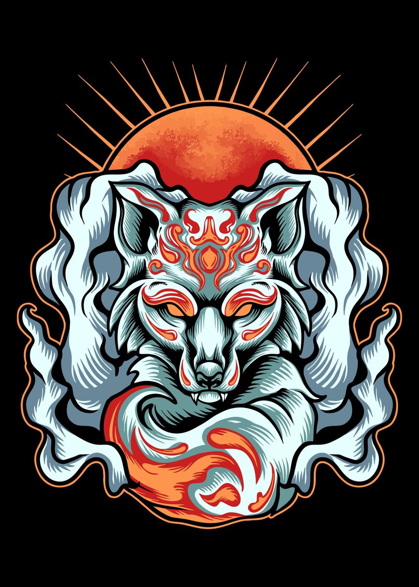 'Kitsune Fox Mask Ink Wash' Poster, picture, metal print, paint by ...