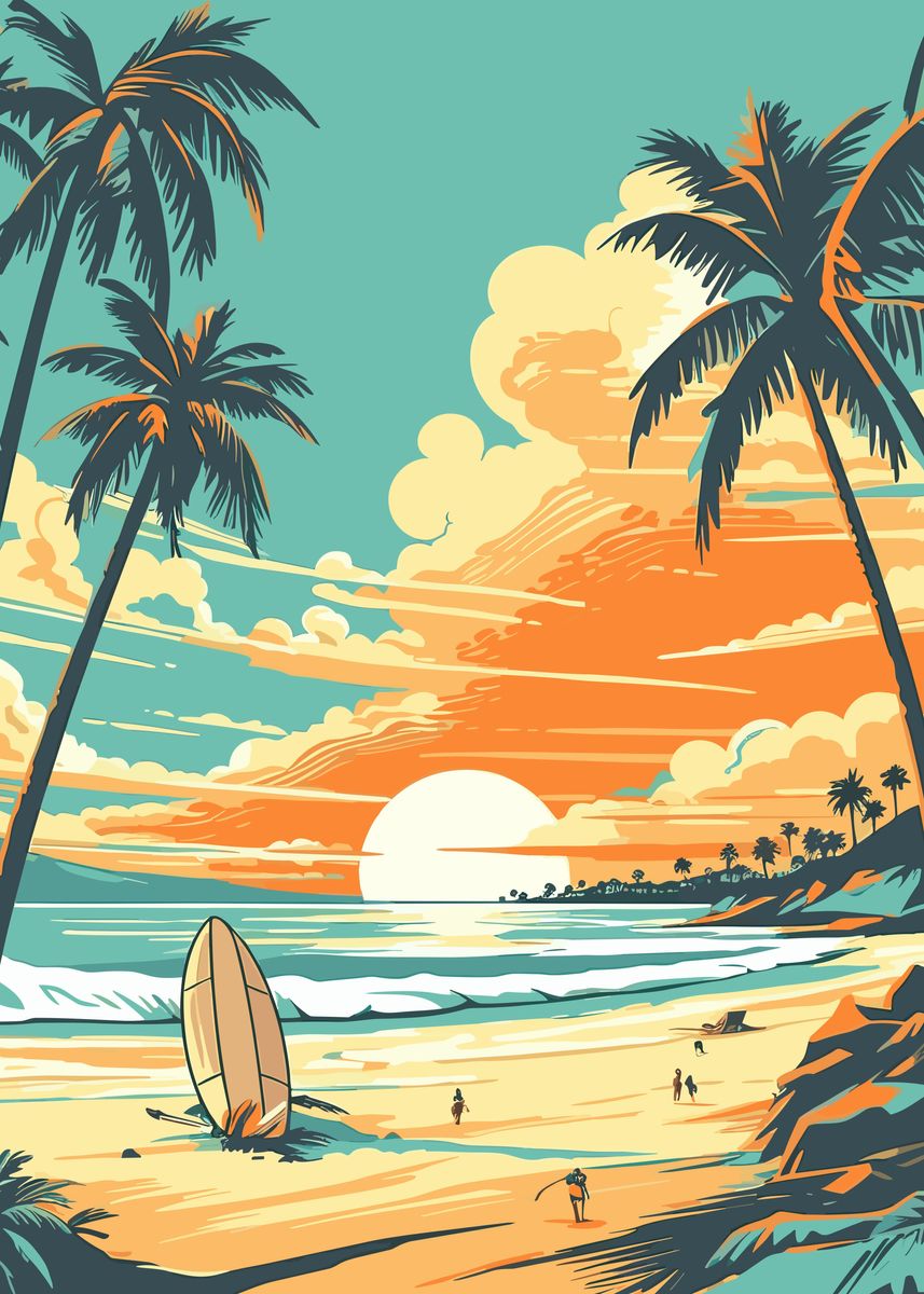 'surf board vintage retro' Poster by Maria Ford | Displate