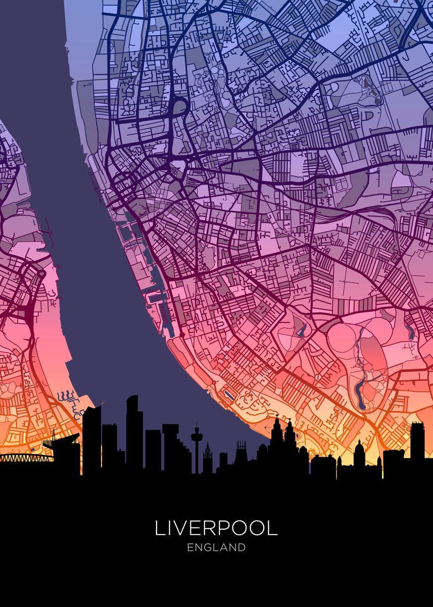 'Liverpool Skyline Map' Poster, picture, metal print, paint by Michael ...