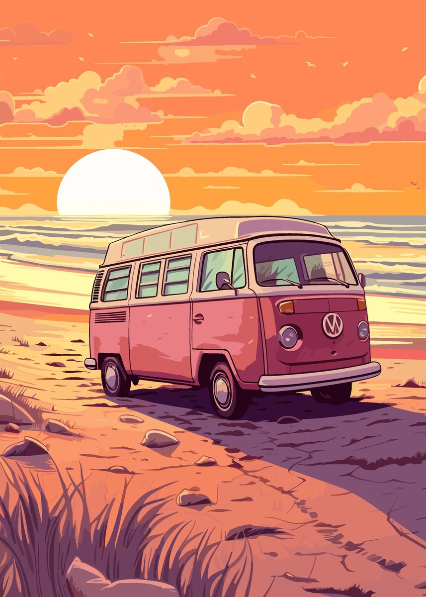 'bus on the beach' Poster, picture, metal print, paint by Musical ...