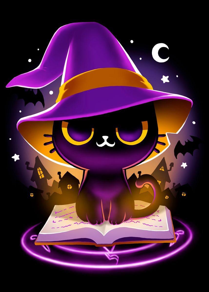 'Cute Witch Cat Halloween' Poster, picture, metal print, paint by Blanca Vidal | Displate