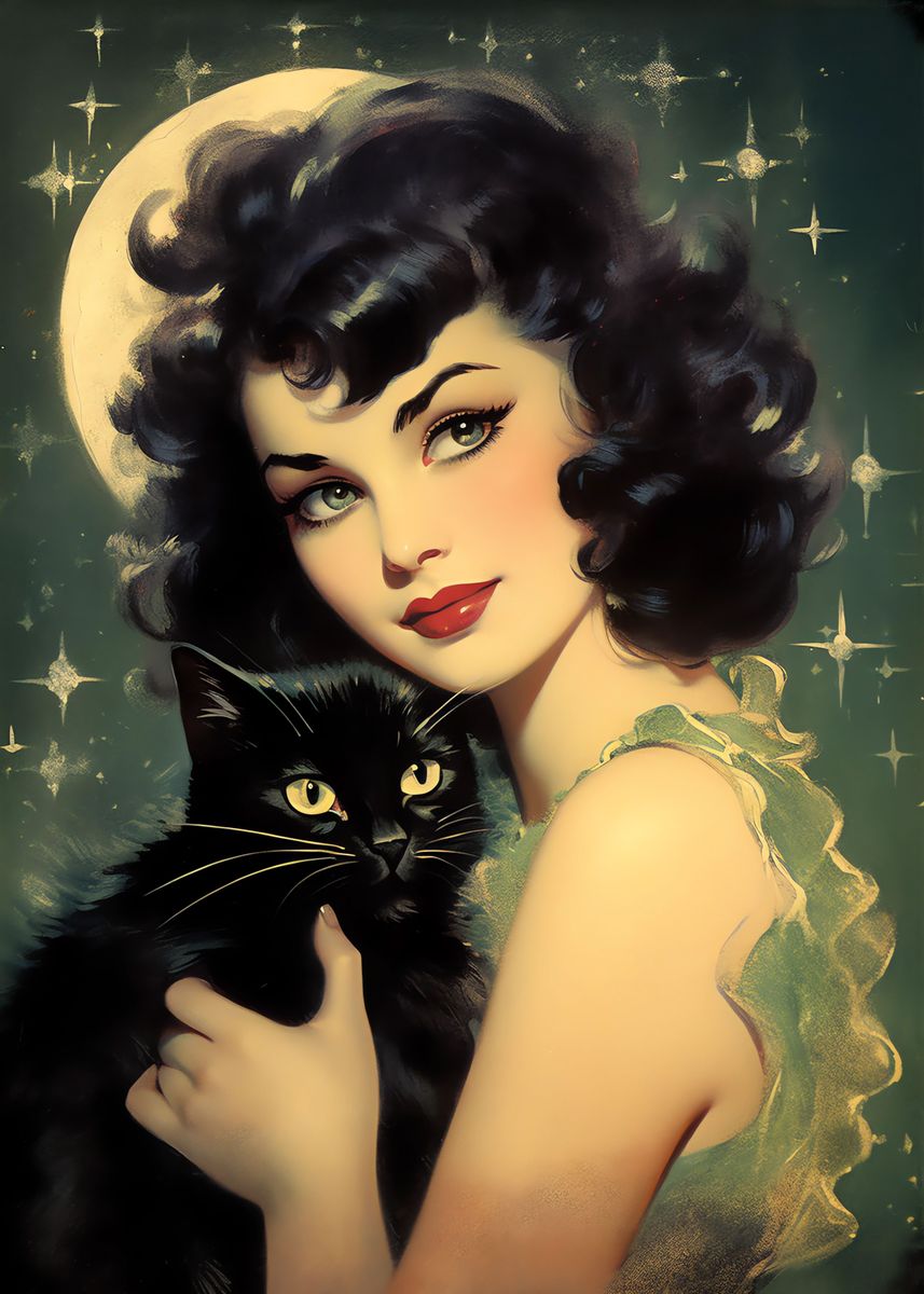 'Halloween Black Cat Witch' Poster, picture, metal print, paint by ...