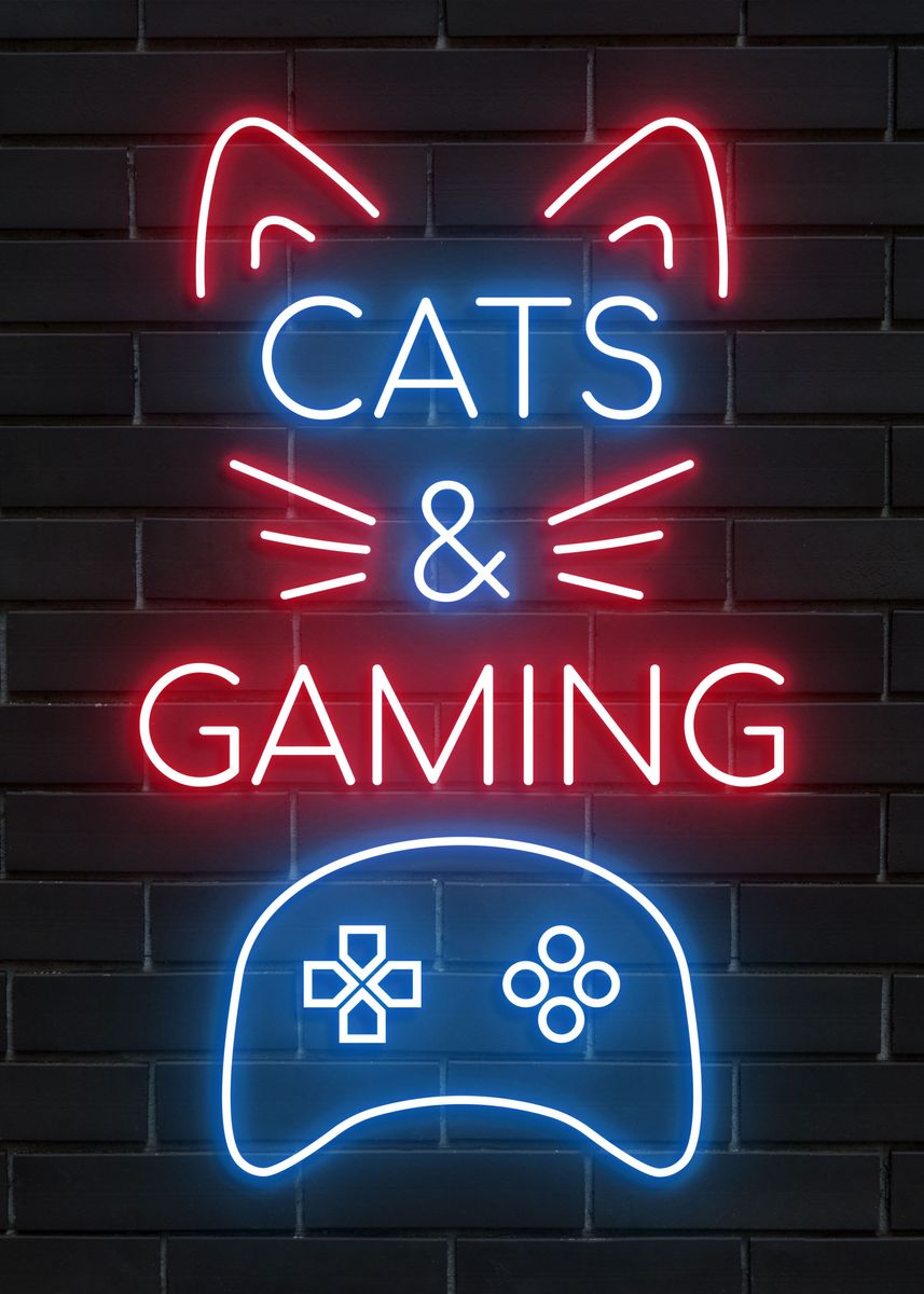 'Cats and Gaming Neon Art' Poster, picture, metal print, paint by ...
