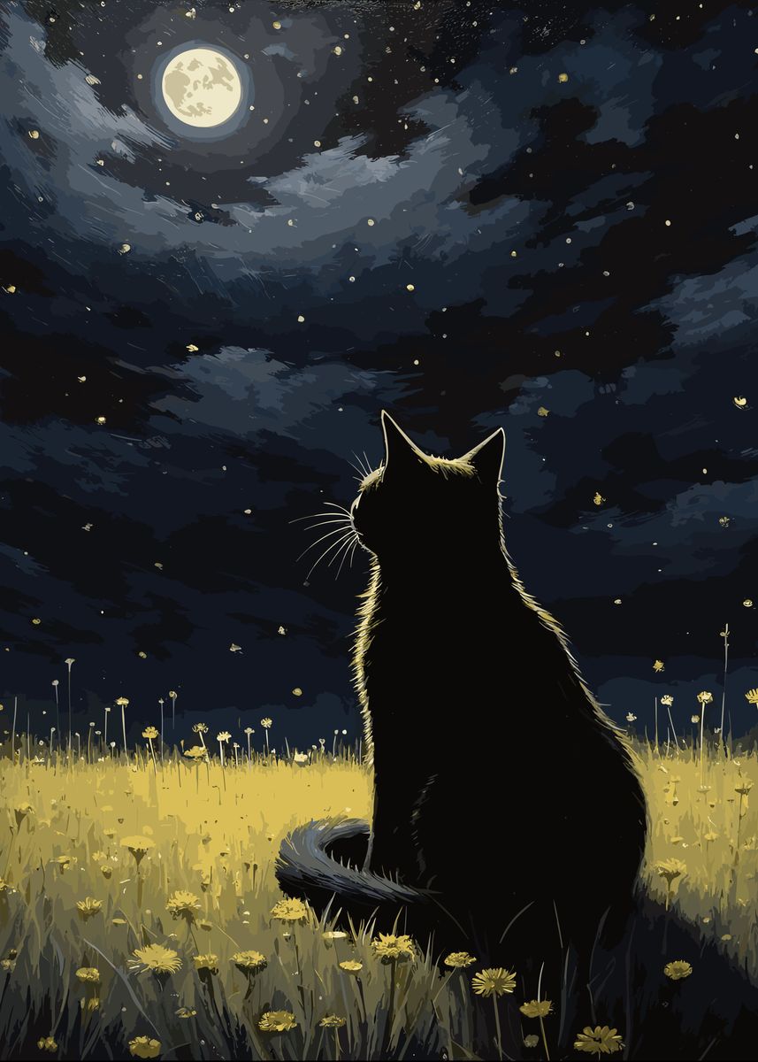'cat moon night landscape ' Poster, picture, metal print, paint by ...