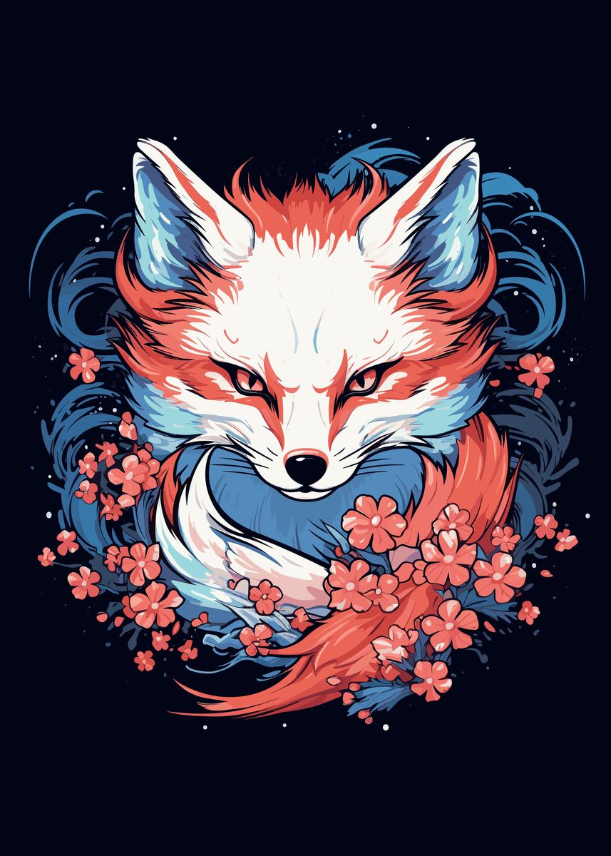 'Kitsune Fox Mask Ink Wash' Poster, picture, metal print, paint by ...