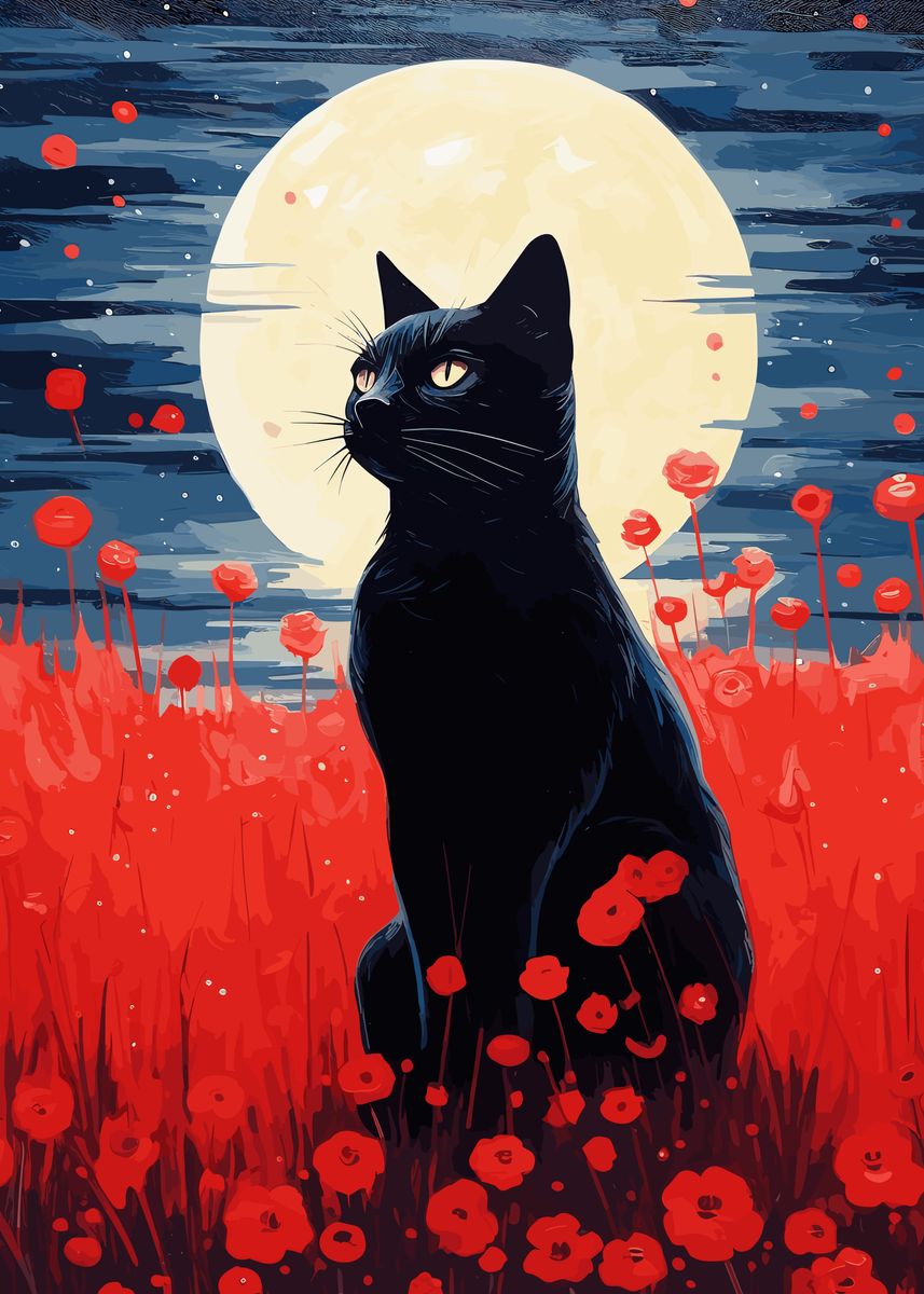 'cat moon night landscape ' Poster, picture, metal print, paint by ...