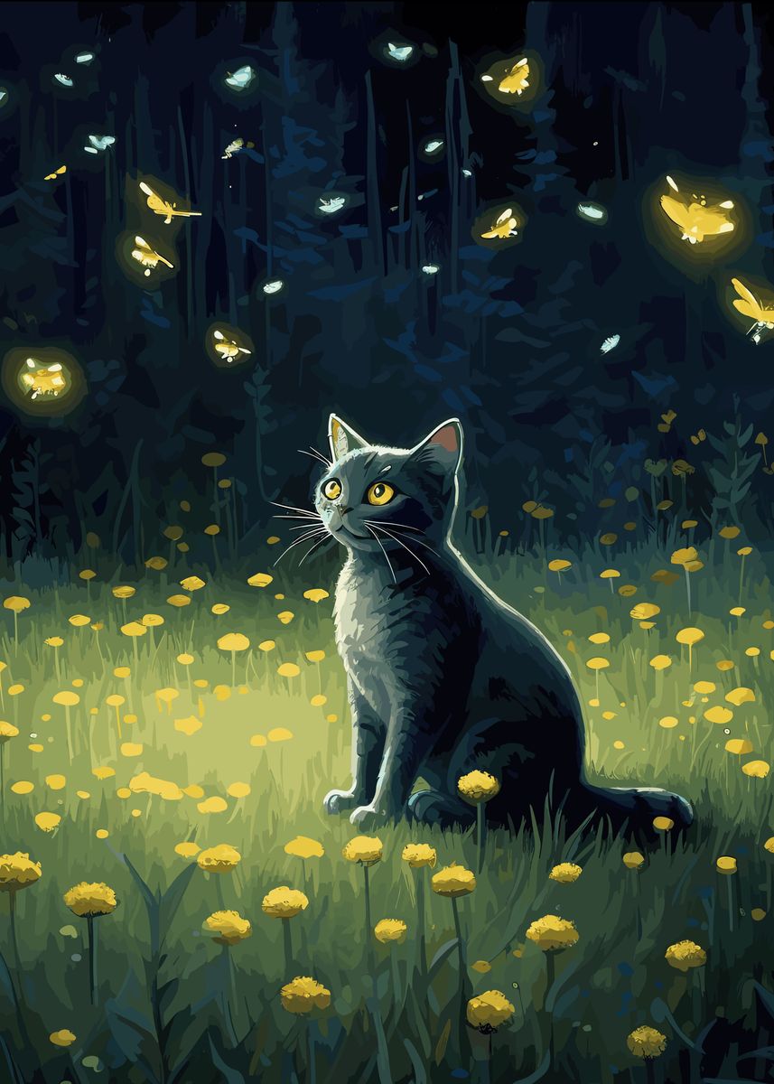 'cat moon night landscape ' Poster, picture, metal print, paint by ...