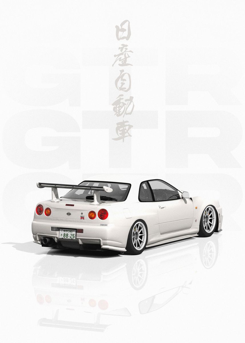 'White Nissan GTR R34' Poster, picture, metal print, paint by Yannick ...