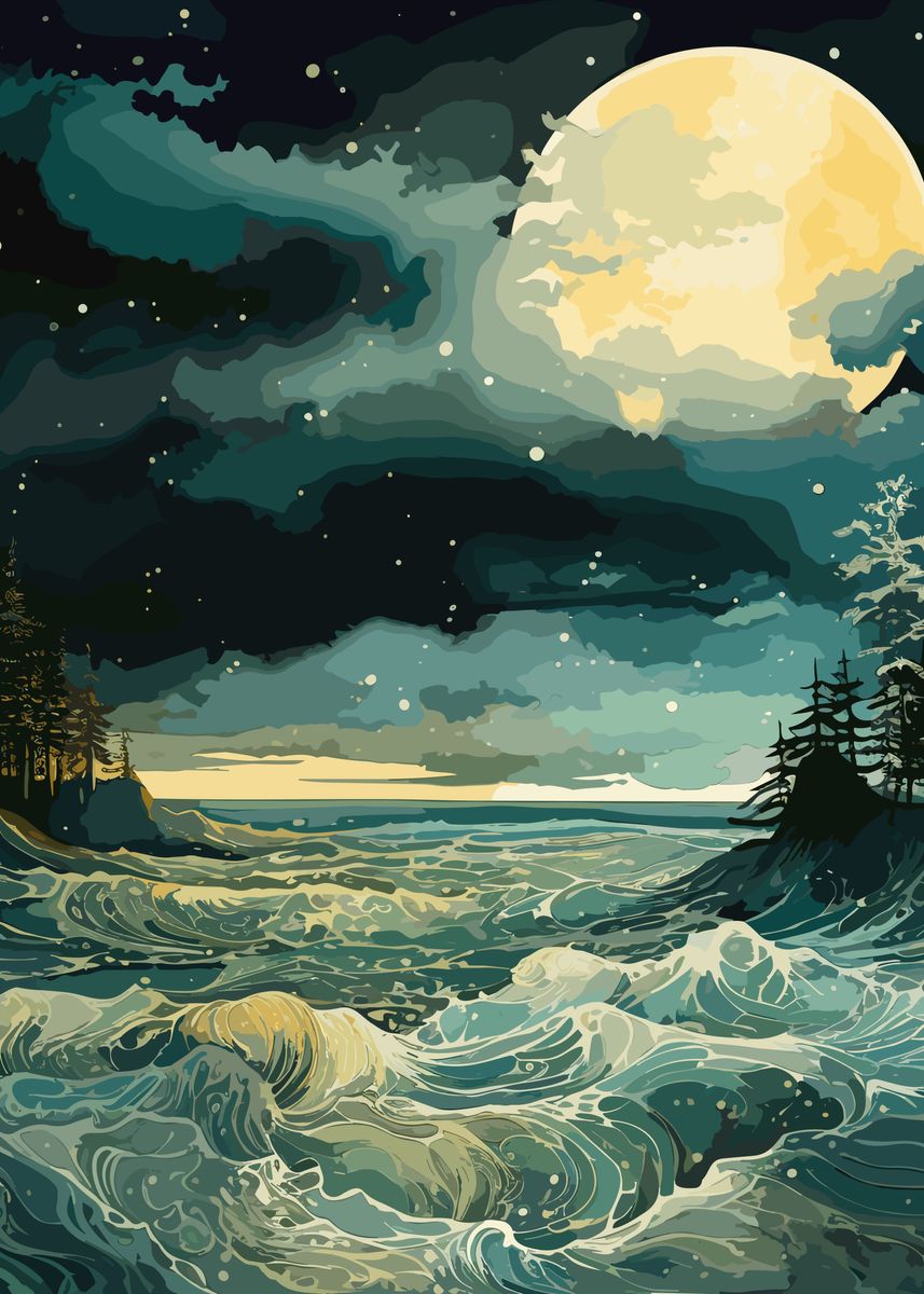 'Nighttime Sea Waves' Poster, picture, metal print, paint by Wall Art ...