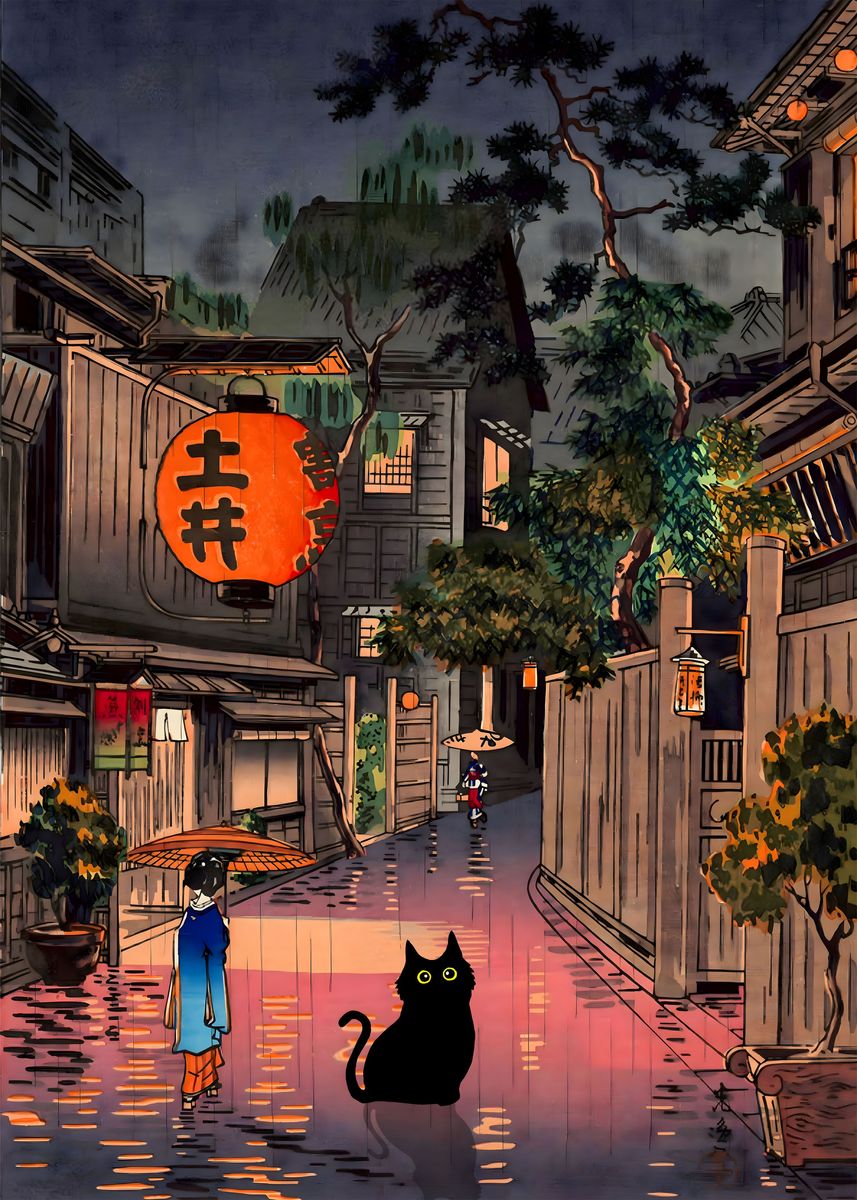 'Cat at Tokyo Rainy Night' Poster, picture, metal print, paint by ...