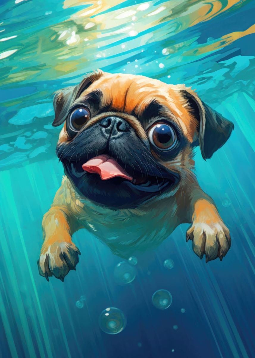 'Swimming Pug' Poster, picture, metal print, paint by Lootprint | Displate