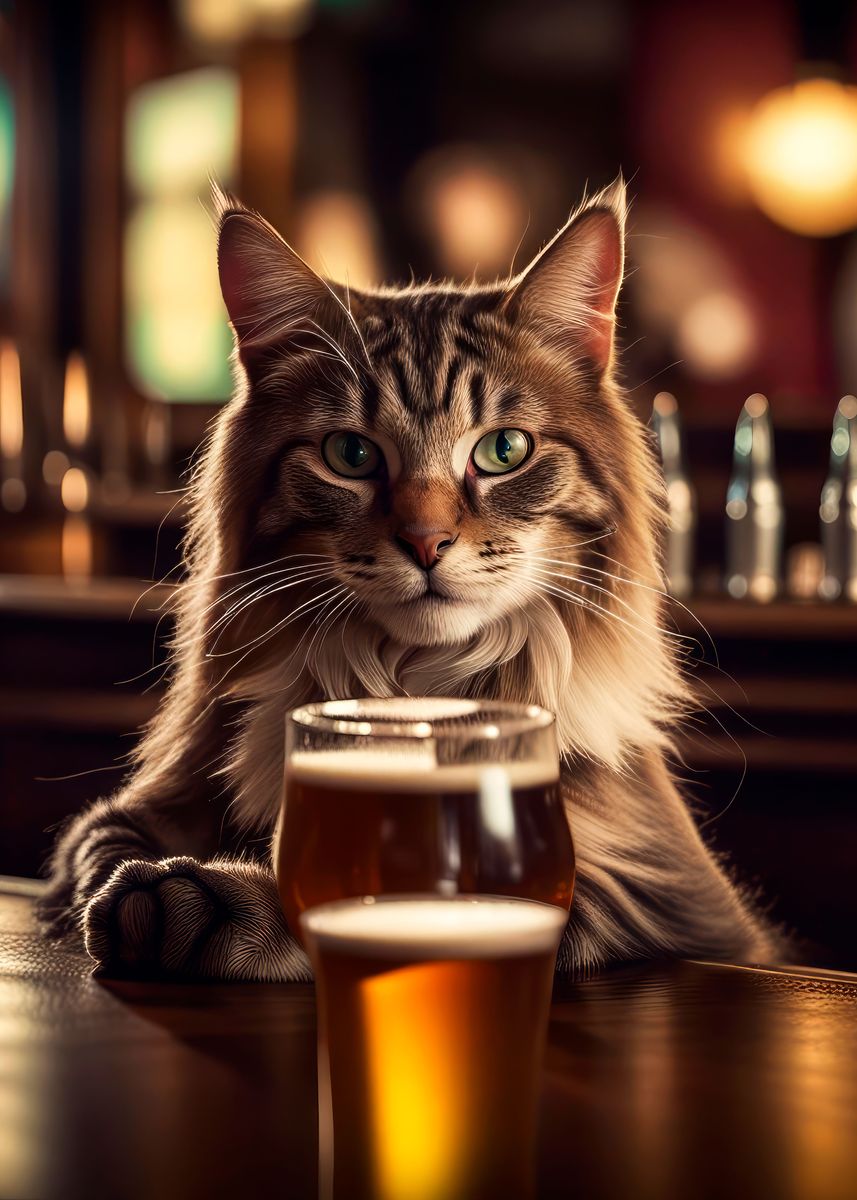 'Cat Drinking beer' Poster, picture, metal print, paint by mk studio ...