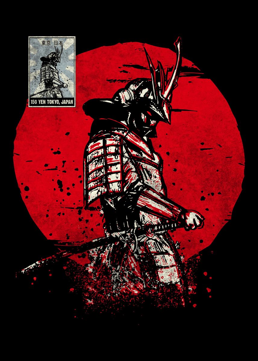 'Samurai Stamp Japan Flag' Poster, picture, metal print, paint by ...