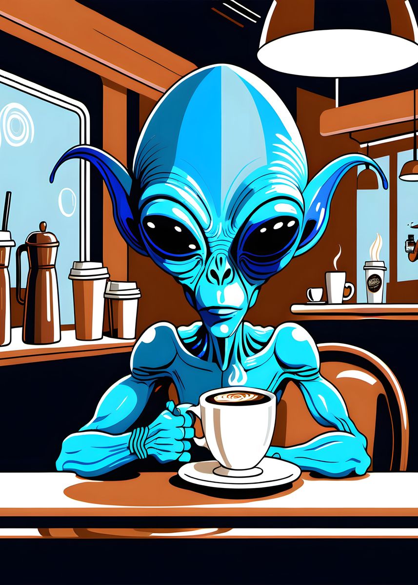 'Alien Having a Coffee' Poster, picture, metal print, paint by ...