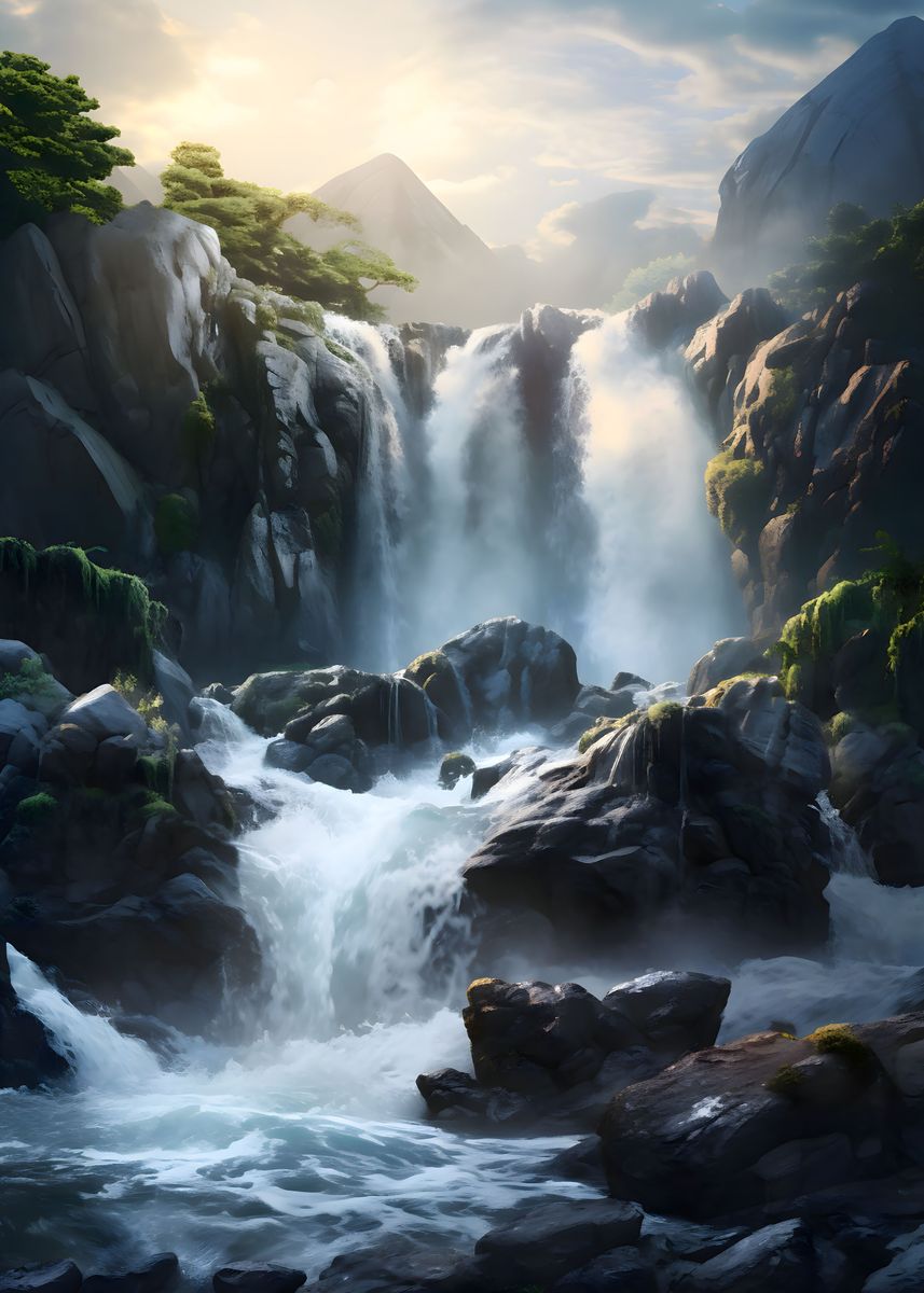 'Mountain Waterfall Nature' Poster, picture, metal print, paint by Art Jiyuu | Displate