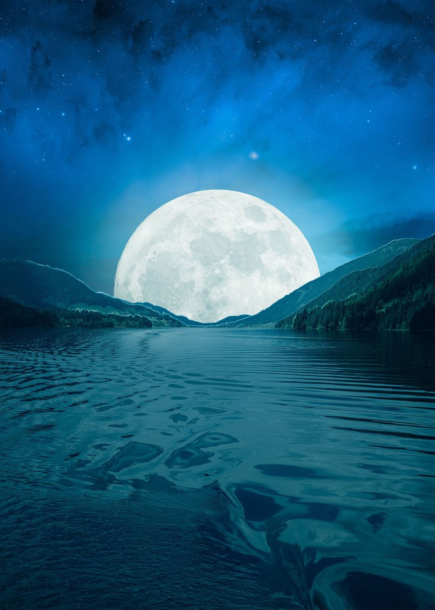 'Moon over a lake' Poster, picture, metal print, paint by Laurian ...