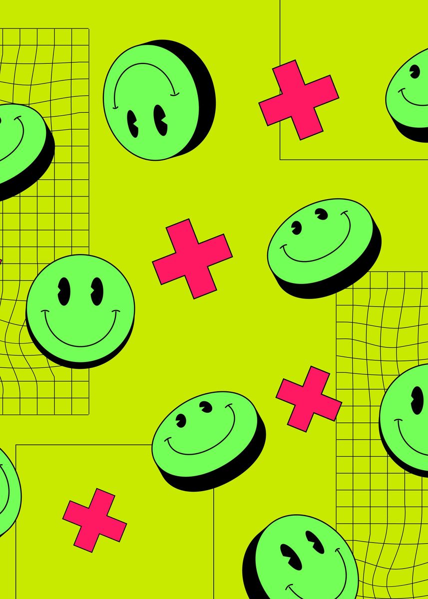 'Neon Green Smiley Groovy' Poster, picture, metal print, paint by EDM ...