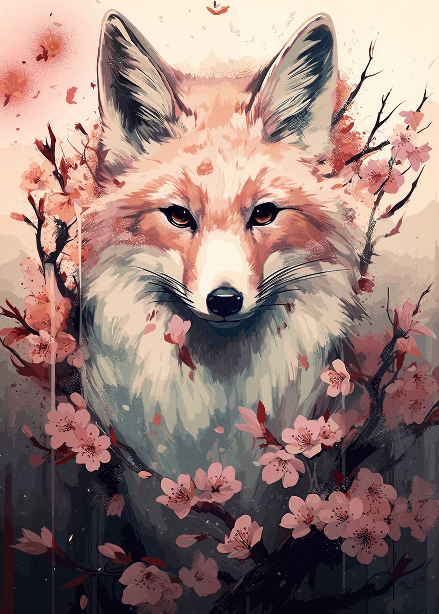 'wolf cherry blossom' Poster, picture, metal print, paint by Philippa ...