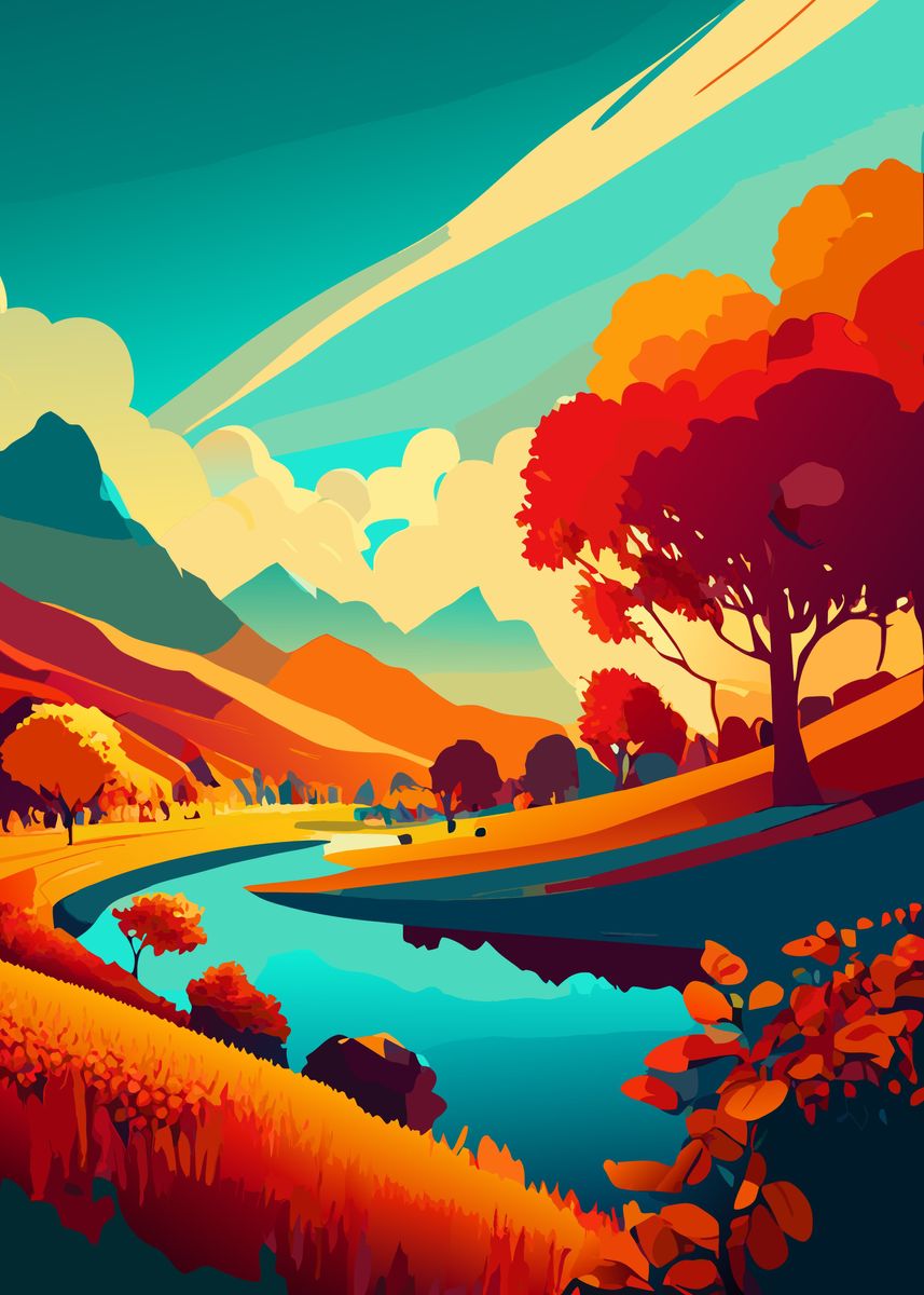 'Nature River Landscape' Poster, picture, metal print, paint by crbn ...