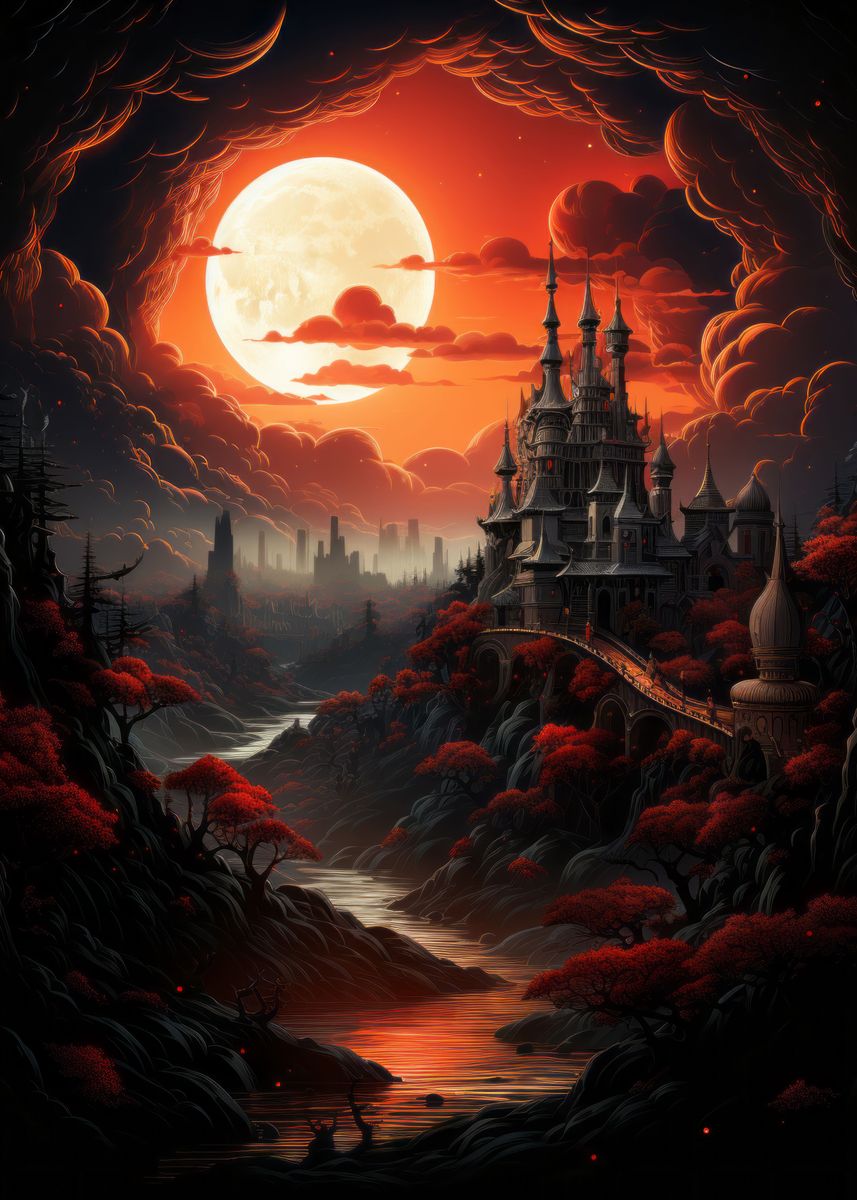 'Castle at Red Full Moon' Poster, picture, metal print, paint by ...