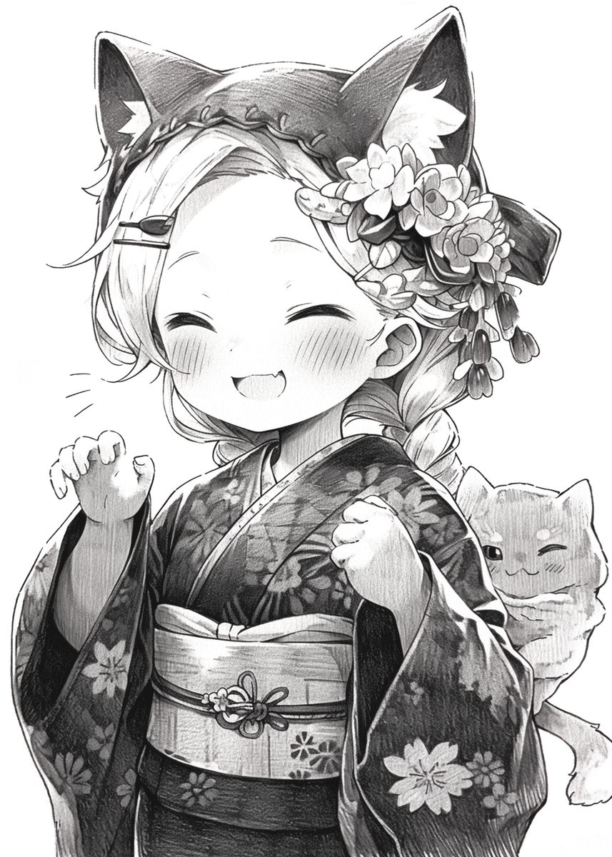 'Cute Cat Girl Manga Shojo' Poster, picture, metal print, paint by Juka ...