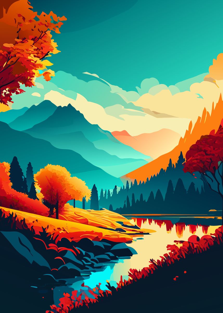 'Nature Lake Mountains' Poster, picture, metal print, paint by crbn ...