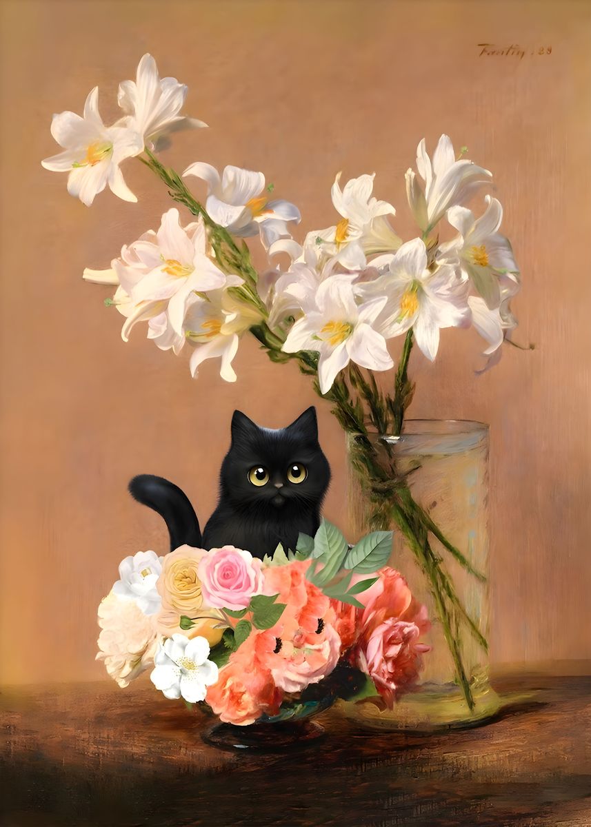 'Black Cat with Roses' Poster, picture, metal print, paint by Jaime ...