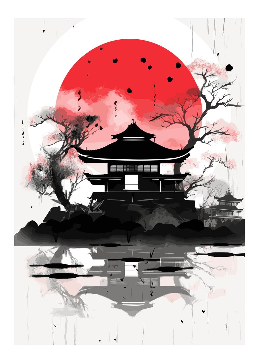 'Japan Pagoda Nippon Sun' Poster, picture, metal print, paint by ...