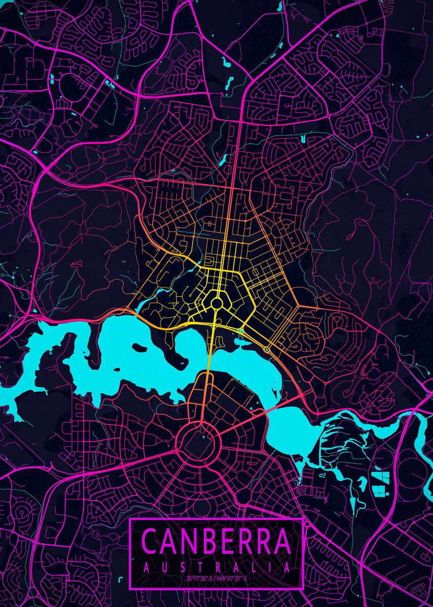 'Canberra City Map Neon' Poster, picture, metal print, paint by deMAP ...
