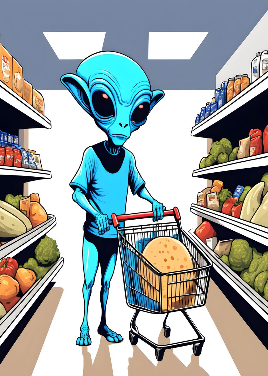 'Alien at the Supermarket' Poster, picture, metal print, paint by ...