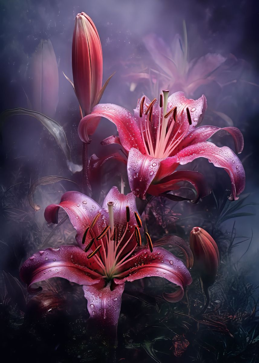'Mystical Violet Lilies' Poster, picture, metal print, paint by Scott ...