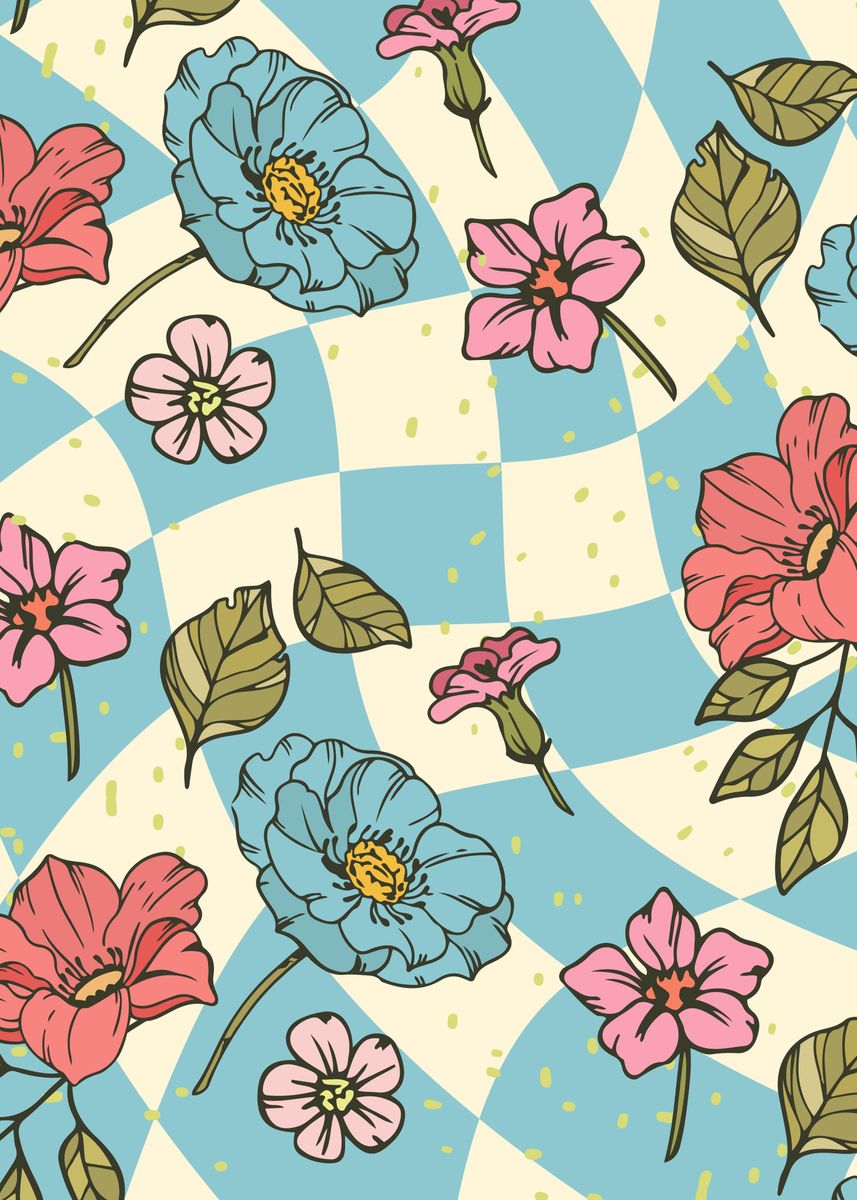 'Blue Groovy Plaid Floral' Poster by EDM Project | Displate