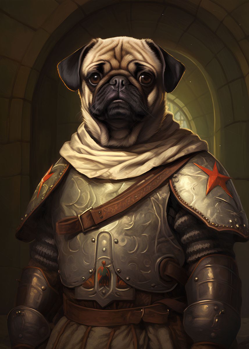 'pug dog dressed in viking' Poster, picture, metal print, paint by ...