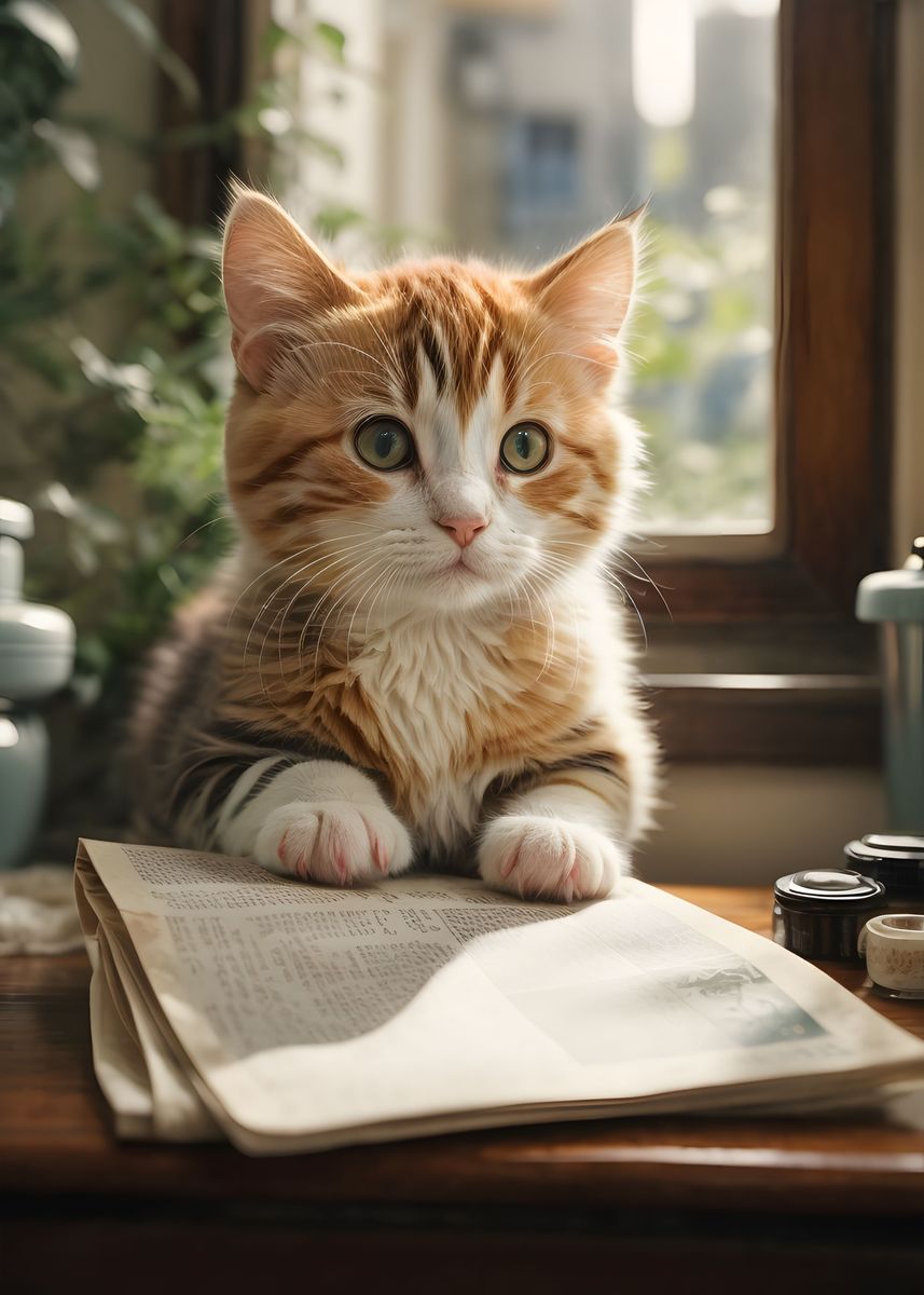 'Cat Reading Newspaper' Poster, picture, metal print, paint by Xăm Việt ...