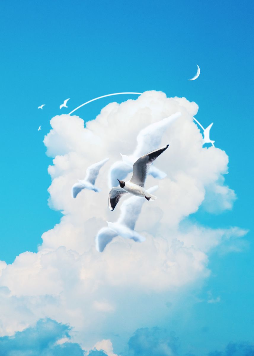 'Fly Free Birds Cloud' Poster, picture, metal print, paint by Ariz Rab | Displate