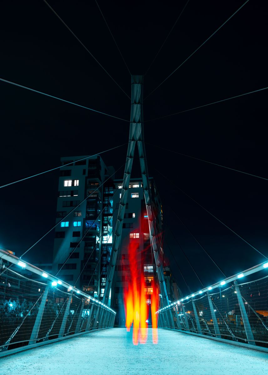 'bridge neon fire night' Poster, picture, metal print, paint by Patrick ...