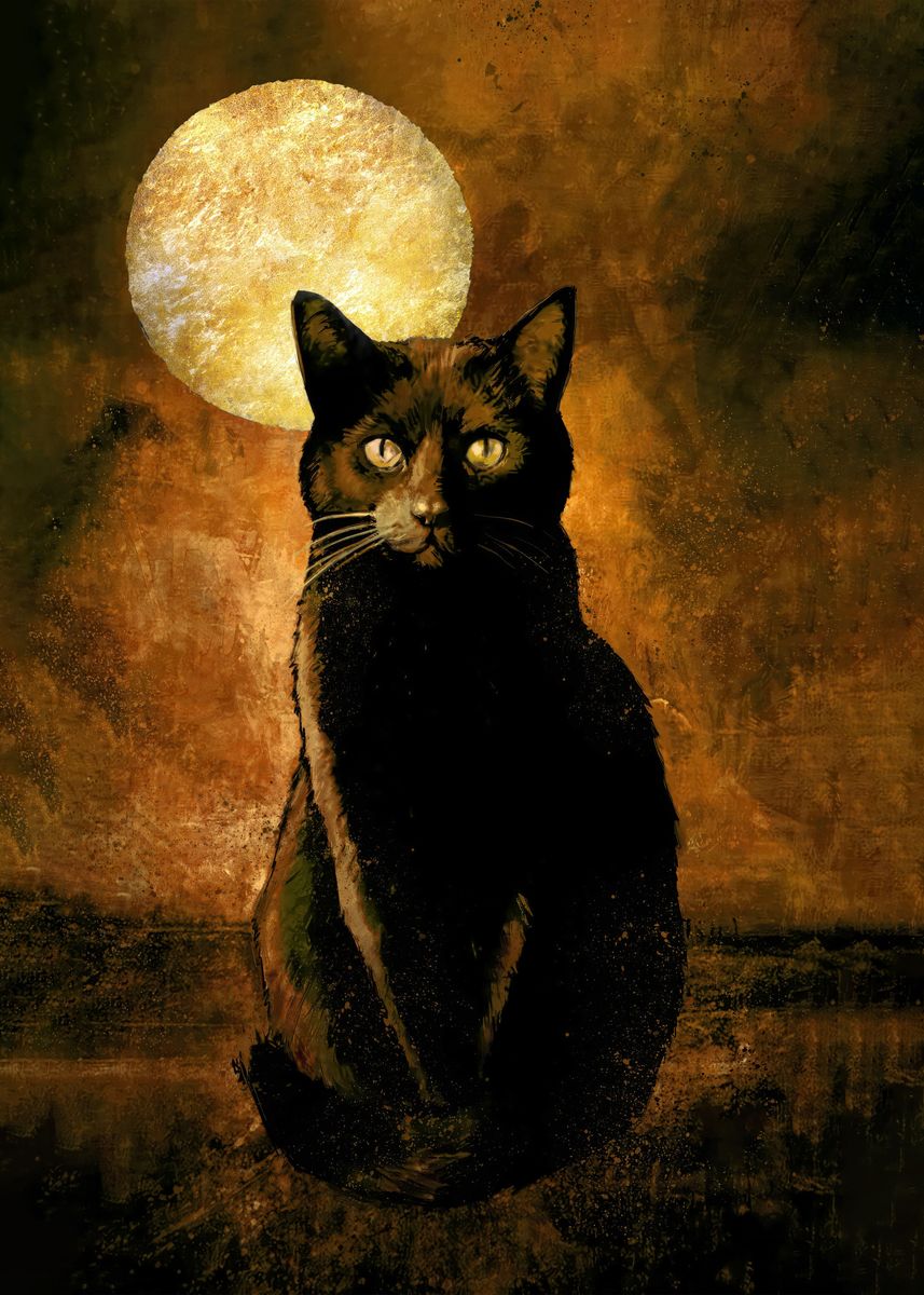 'BLACK CAT MONET MOON VTG' Poster, picture, metal print, paint by gani ...