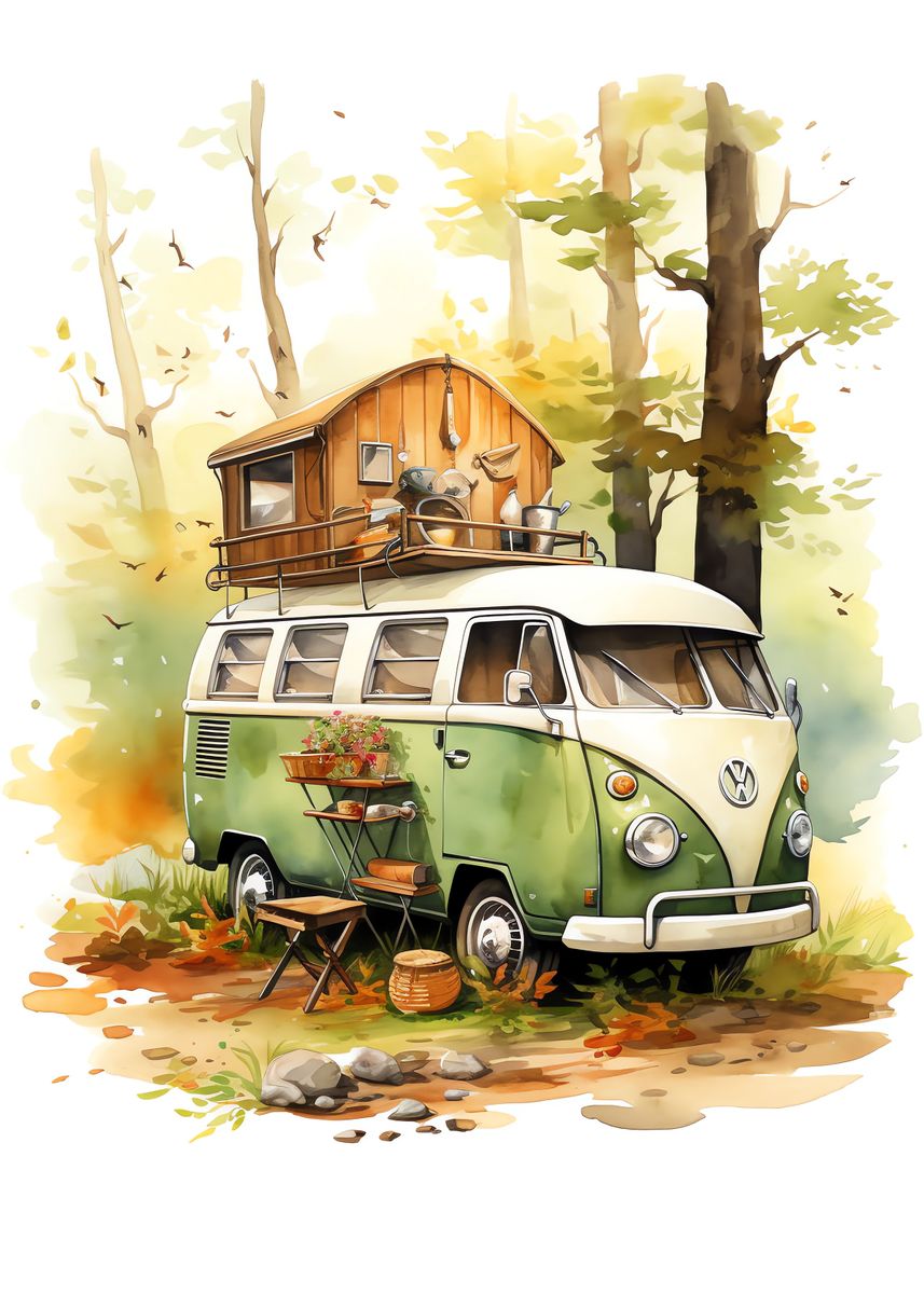 'Camper Van Landscape' Poster, picture, metal print, paint by Zalynn ...